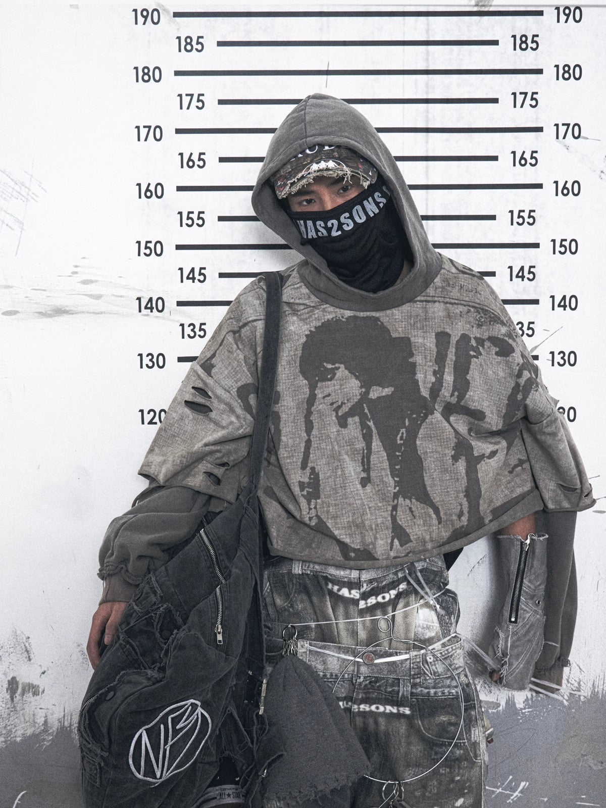 HAS2SONS vintage printed ripped fake two-piece pullover hoodie