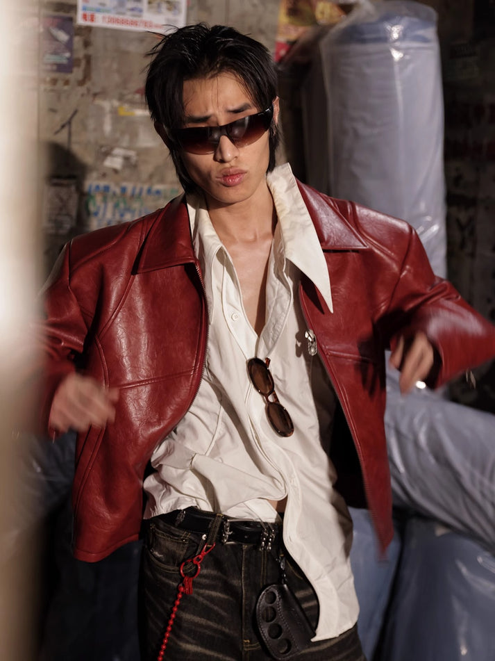 Red scimitar sleeve PU leather jacket washed silhouette short coat lap ...