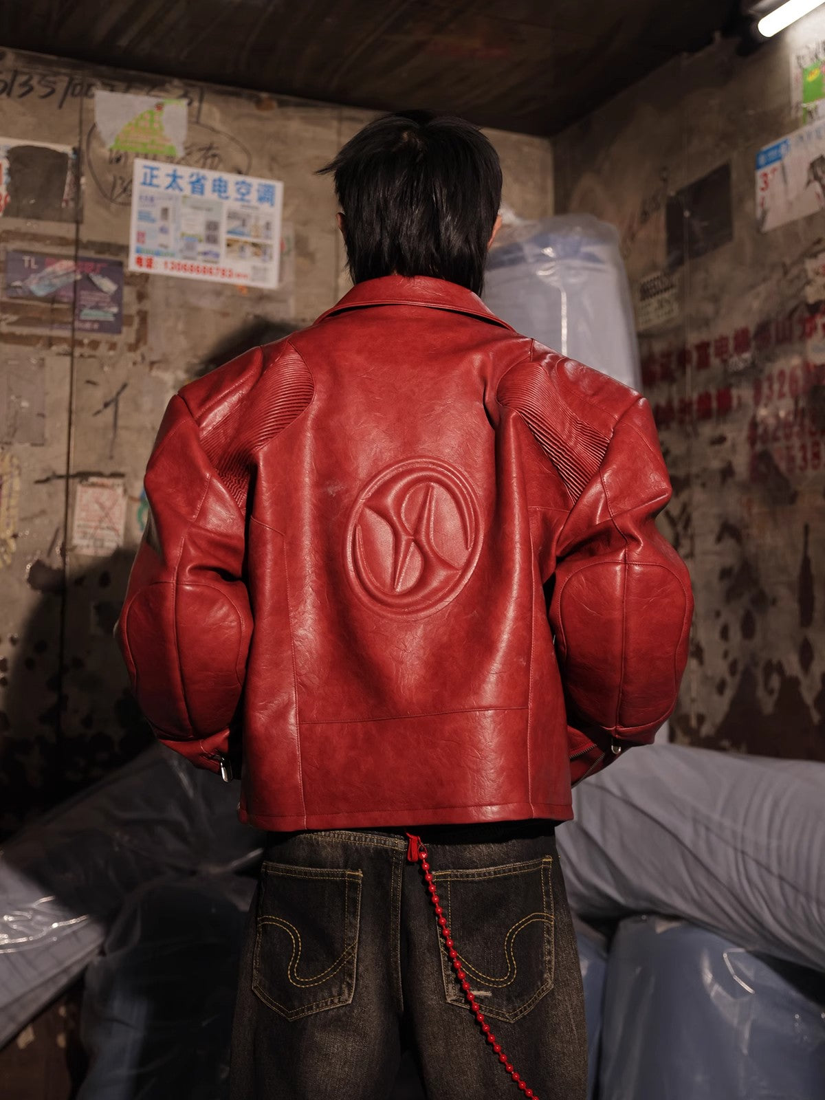 Red scimitar sleeve PU leather jacket washed silhouette short coat lap ...