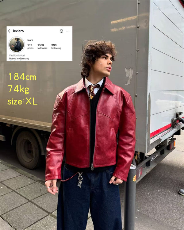 Red scimitar sleeve PU leather jacket washed silhouette short coat lap ...